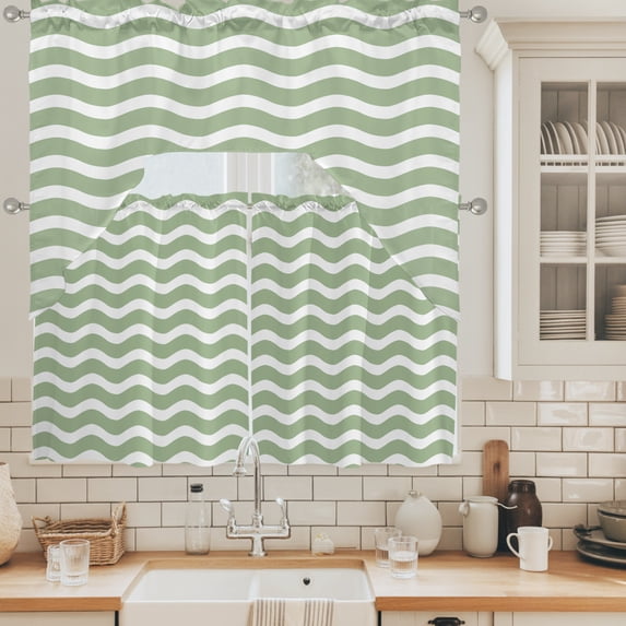 Abstract Waves Swag Curtains Valance and Tier Set, Stripes Sage Green ...