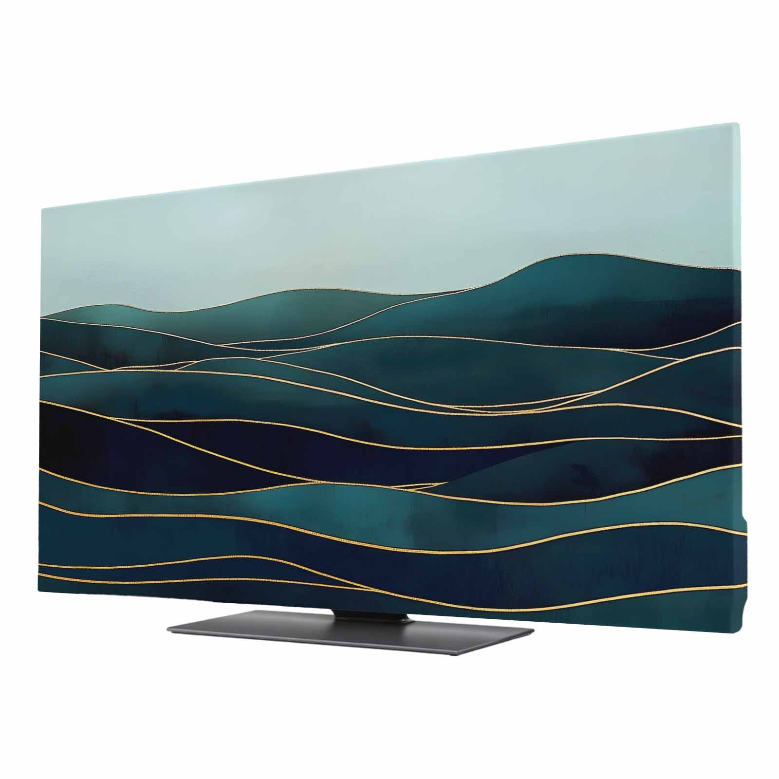 Abstract Waves TV Dust Cover 75 Inch, Geometric Gold Line Mountain Sky ...