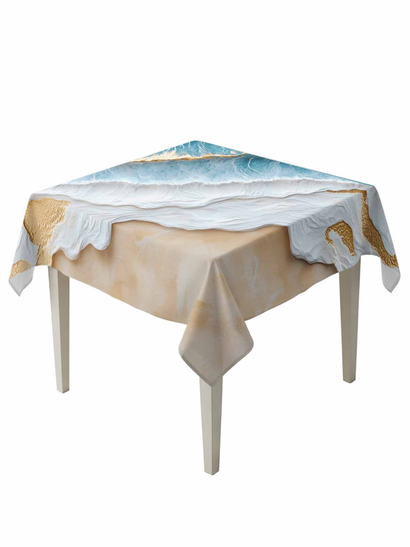 Abstract Waves Table Cloth 60x60 Inch Square, Gold Beach Blue Ocean Oil ...