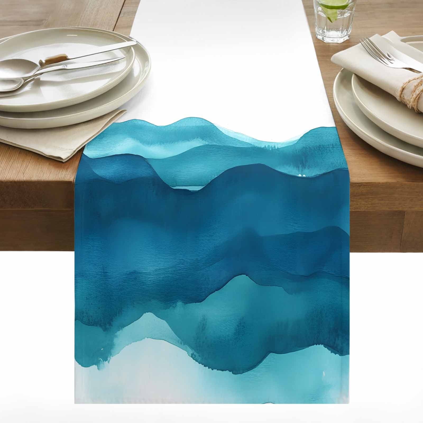 Abstract Waves Table Runner 13x108 inch Navy Blue Wave Gradient Nature ...