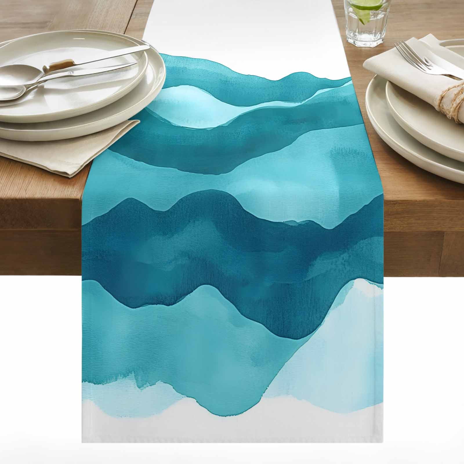 Abstract Waves Table Runner 13x108 inch Navy Blue Wave Gradient Ocean ...
