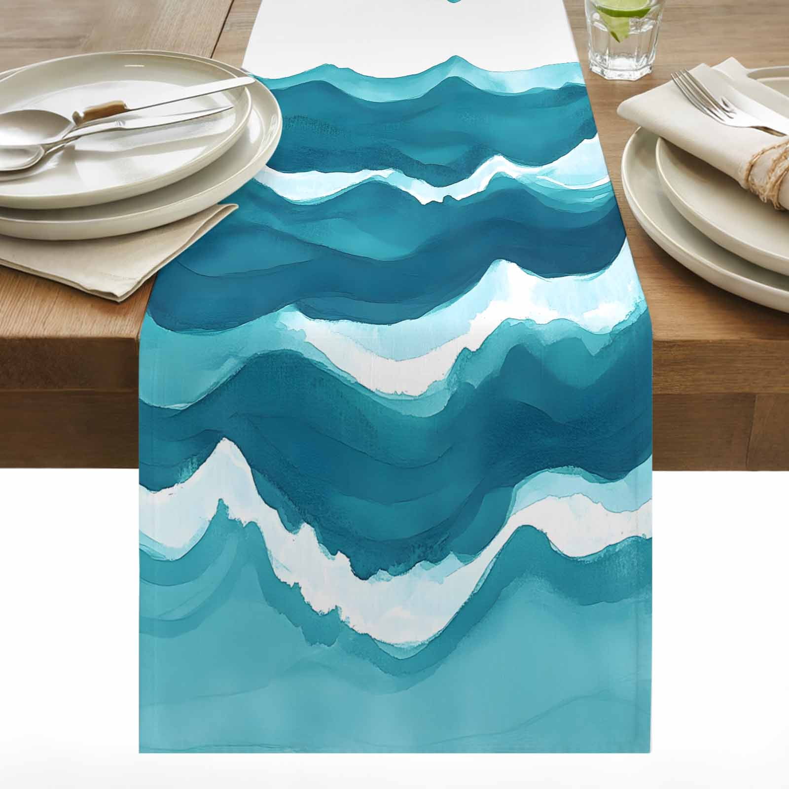 Abstract Waves Table Runner 13x120 inch Navy Blue Wave Gradient ...