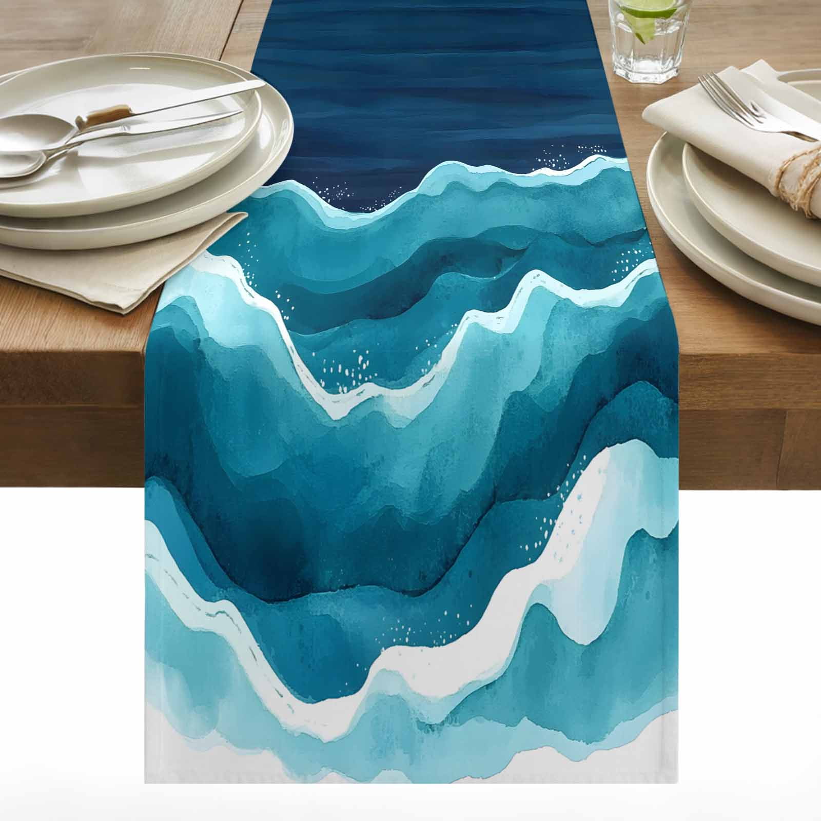 Abstract Waves Table Runner 13x120 inch Navy Blue Wave Gradient Navy ...