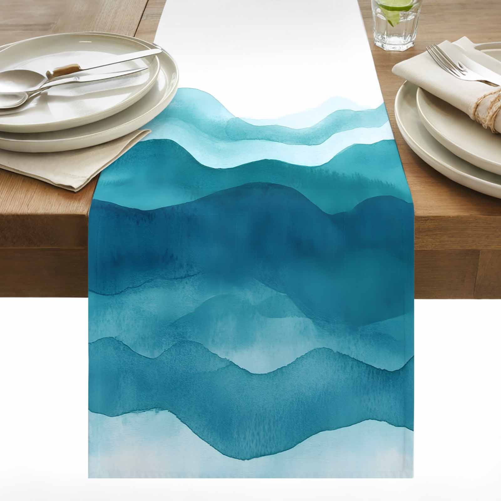 Abstract Waves Table Runner 13x60 inch Navy Blue Wave Gradient Color ...