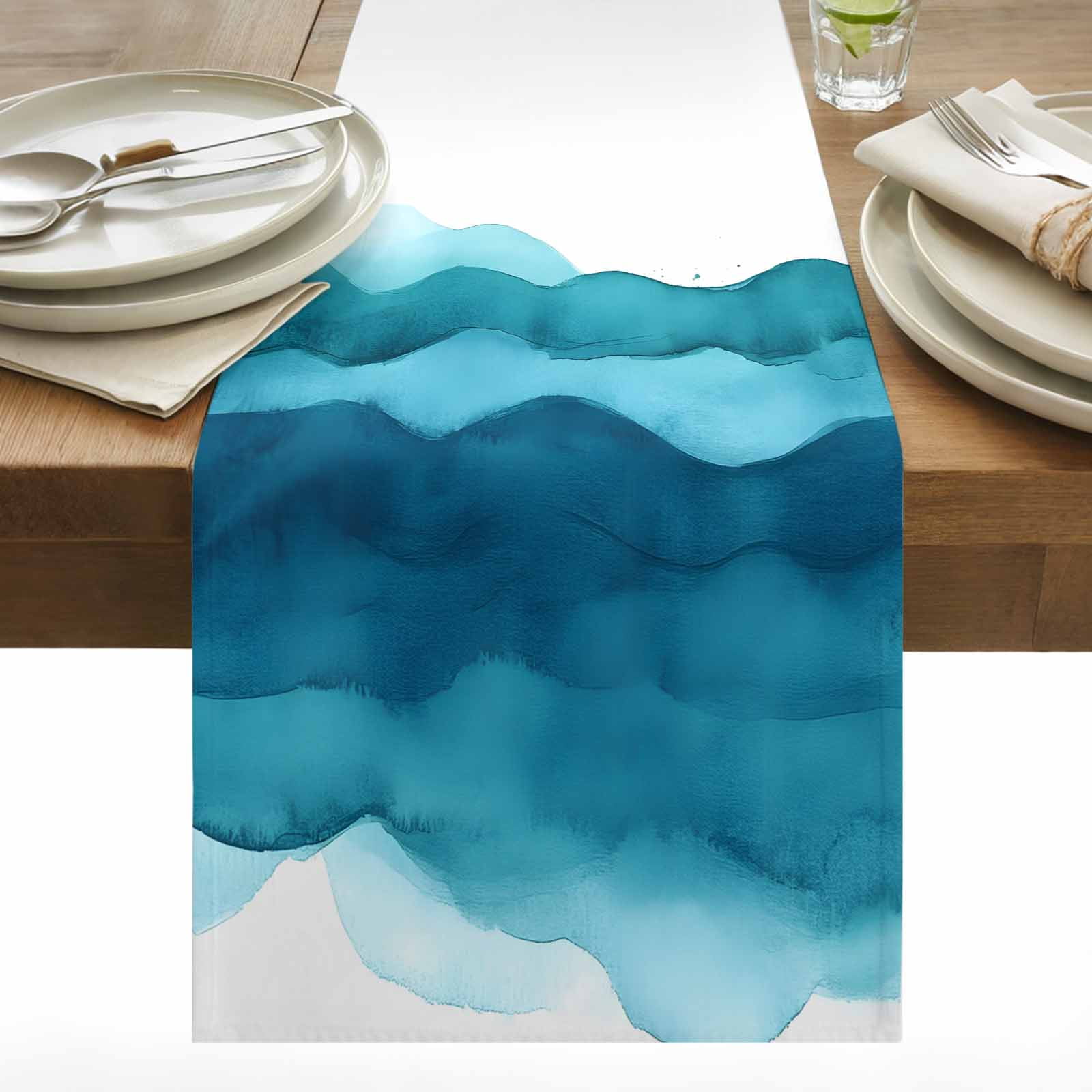 Abstract Waves Table Runner 13x90 inch Summer Navy Blue Wave Gradient ...
