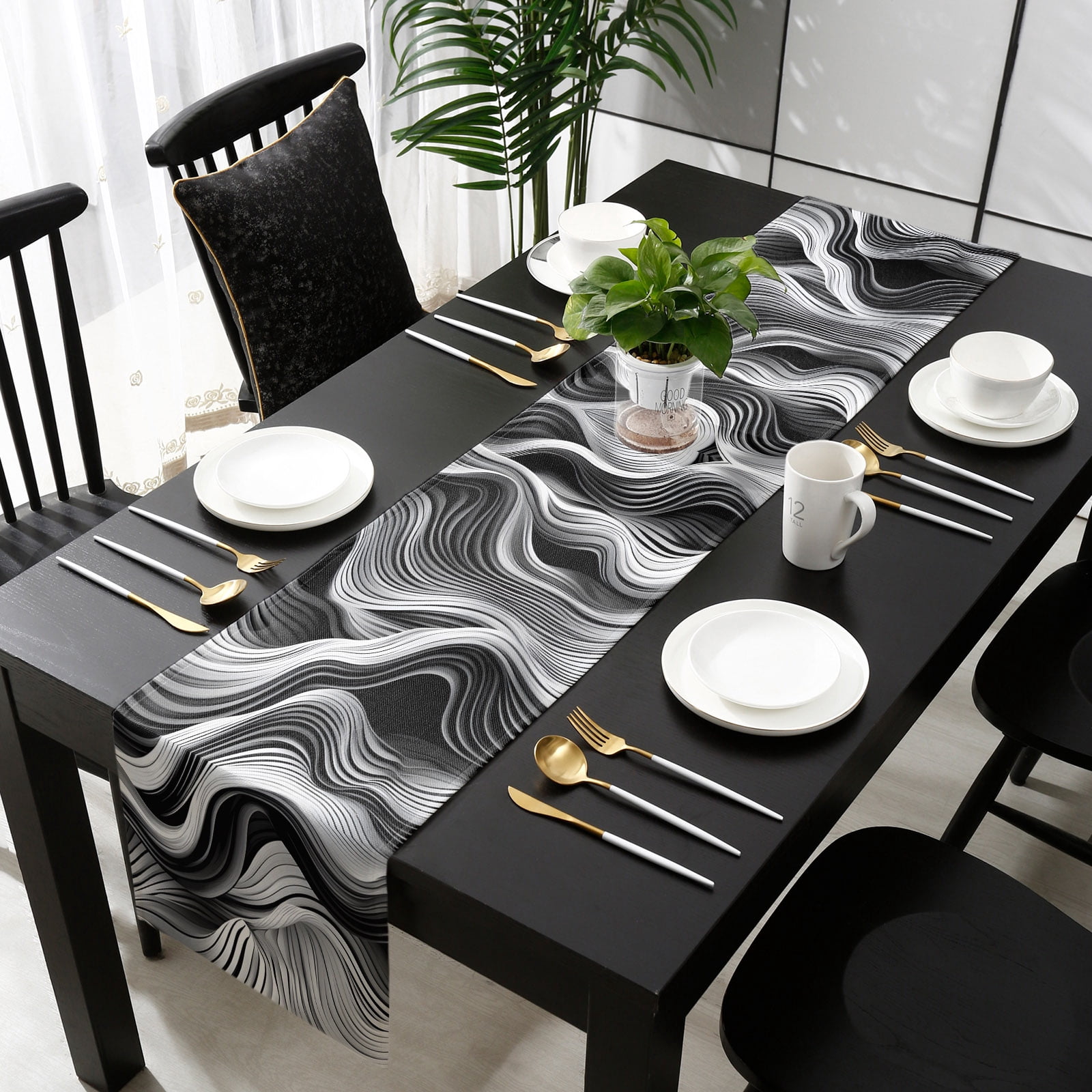Abstract Waves Table Runner 48 Inches Long - Black Grey Modern ...