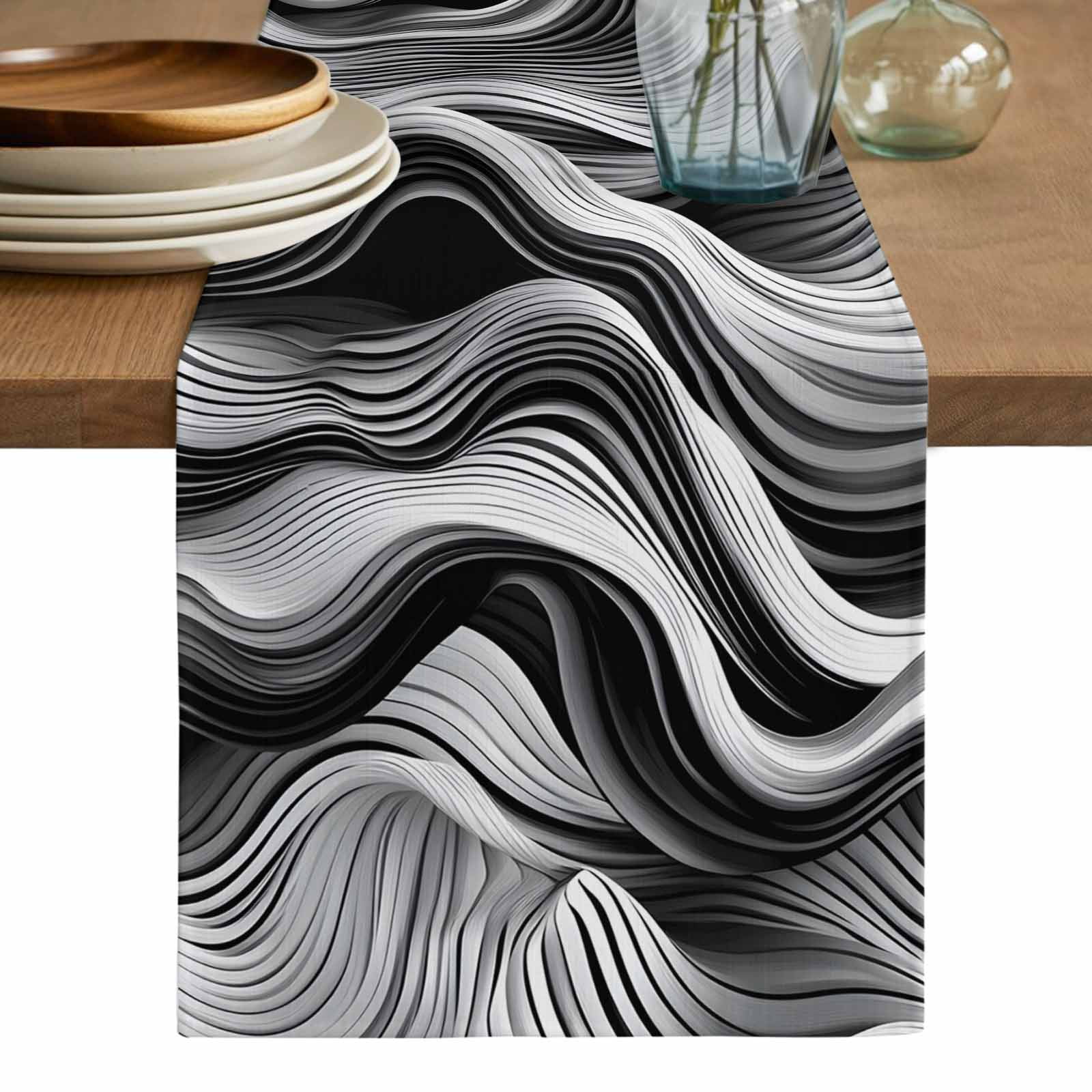 Abstract Waves Table Runner, Black Grey Modern Geometric Striped ...