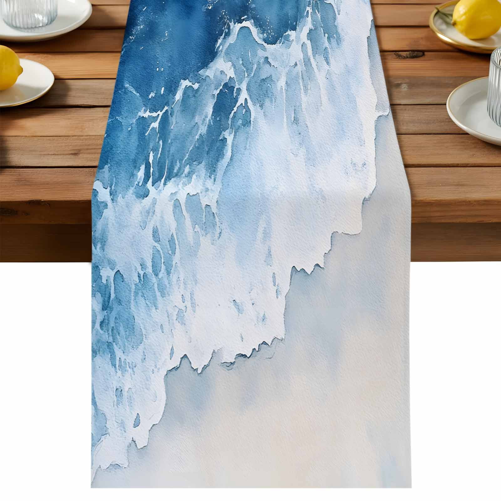 Abstract Waves Table Runner, Blue Ocean Spray Seaside Watercolor Cotton ...