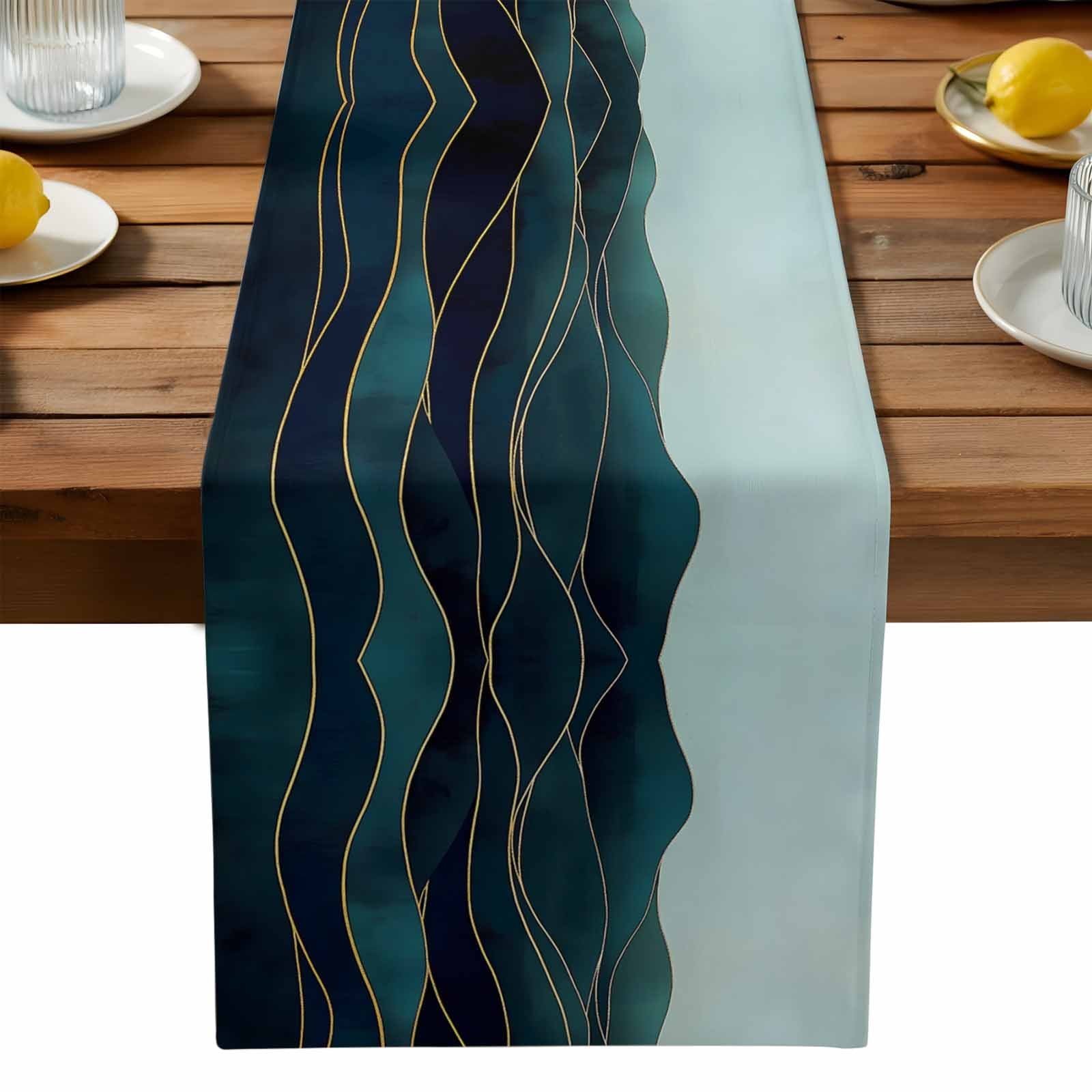 Abstract Waves Table Runner, Geometric Gold Line Mountain Sky Kitchen ...