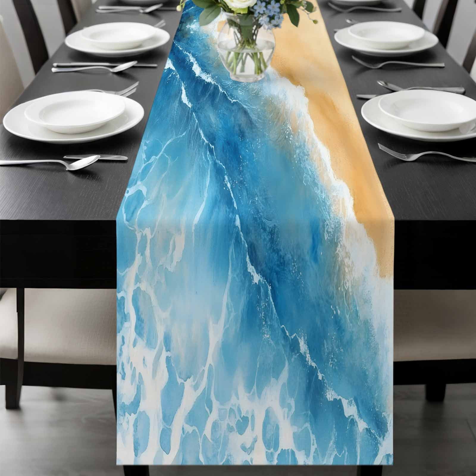 Abstract Waves Table Runner, Ocean Spray Beach Watercolor Surrealism ...