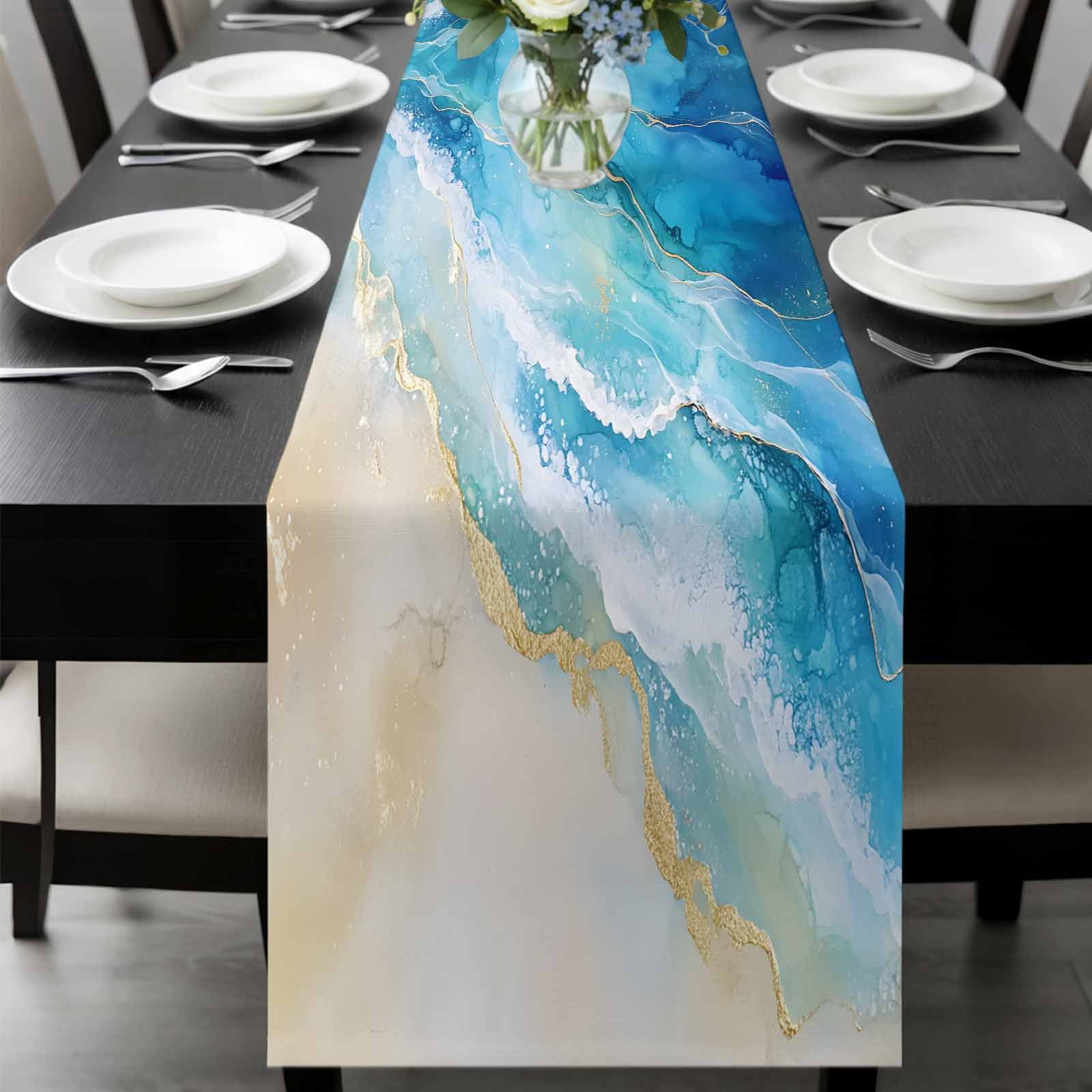 Abstract Waves Table Runner, Surrealism Spray Beach Ocean Watercolor ...