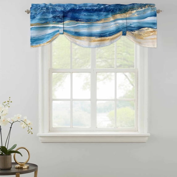 Abstract Waves Tie Up Valances Curtain, Retro Blue White Gold Oil ...