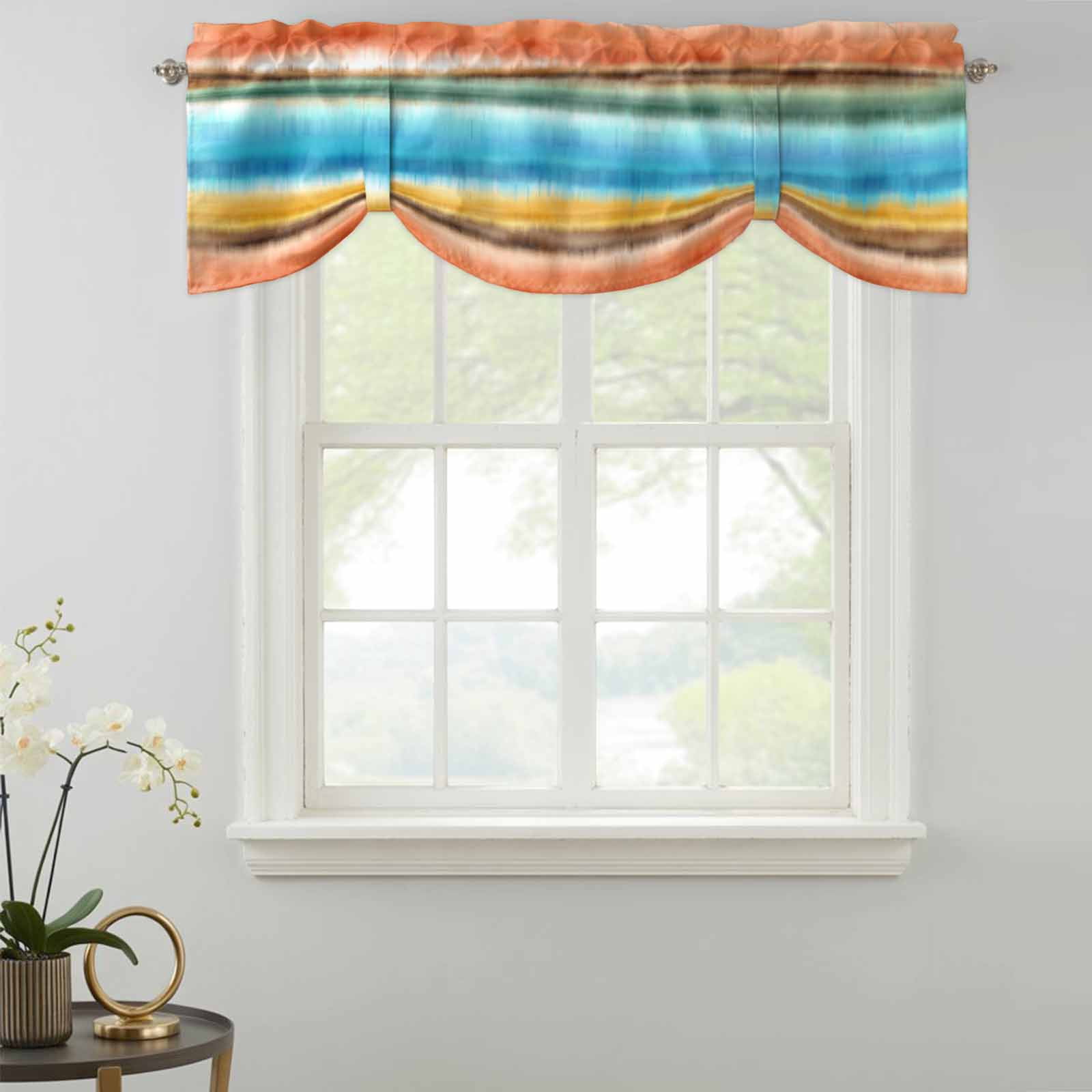 Abstract Waves Tie Up Valances Curtain, Watercolor Orange Blue Modern ...