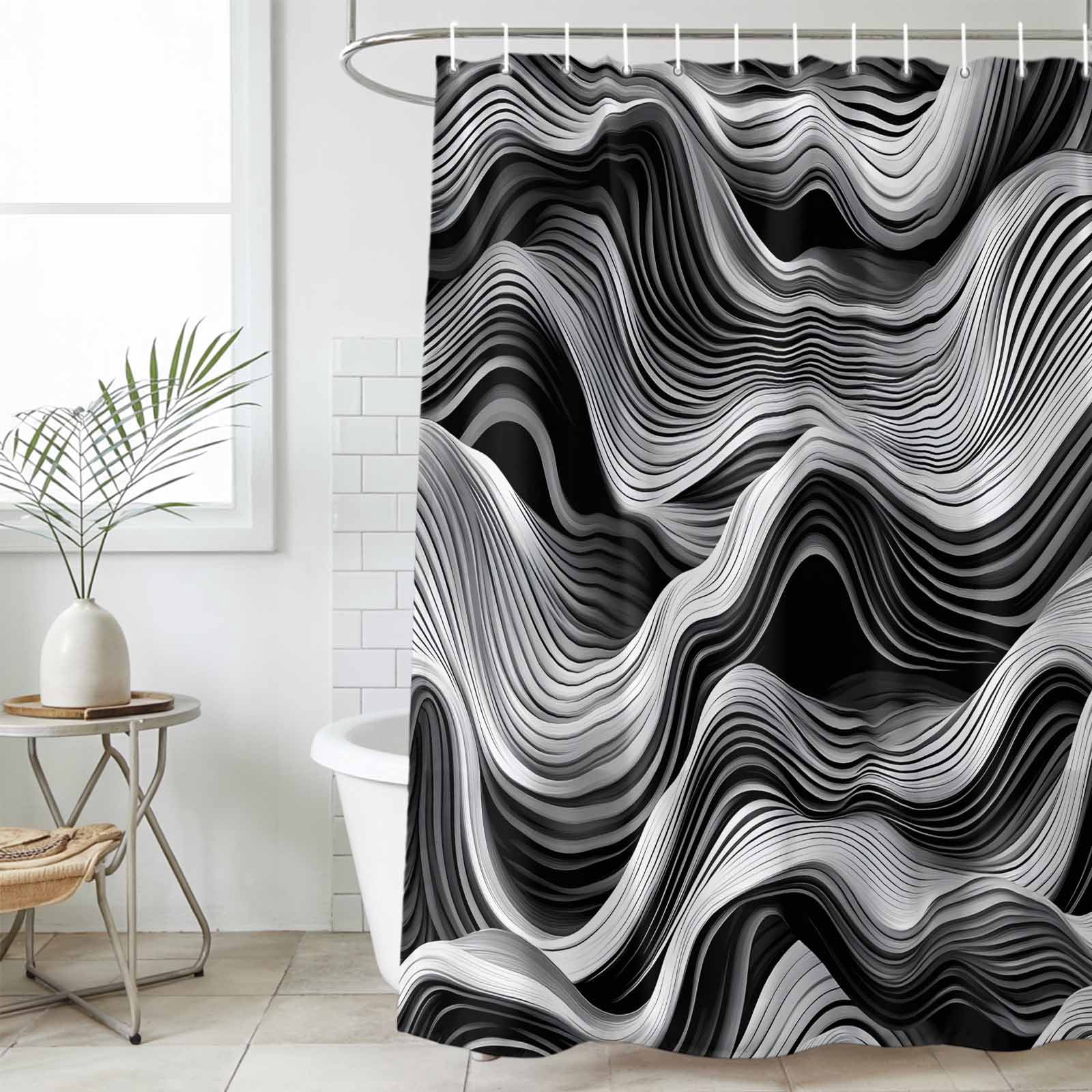 Abstract Waves Waterproof Fabric Shower Curtain,Black Grey Modern ...