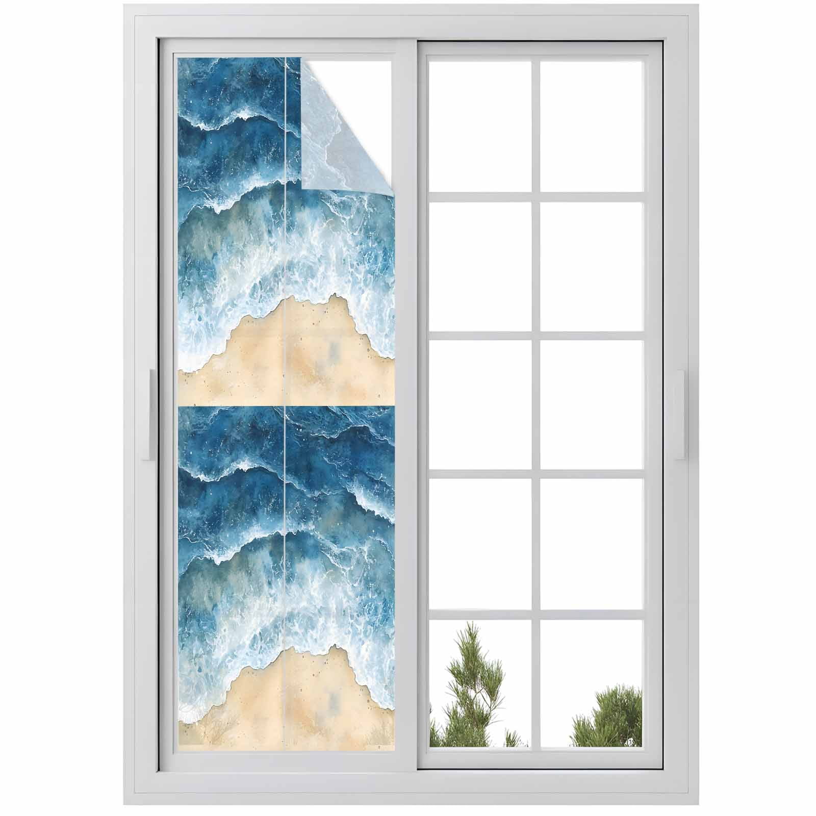 Abstract Waves Window Privacy Film Blue Ocean Spray Beach Watercolor ...