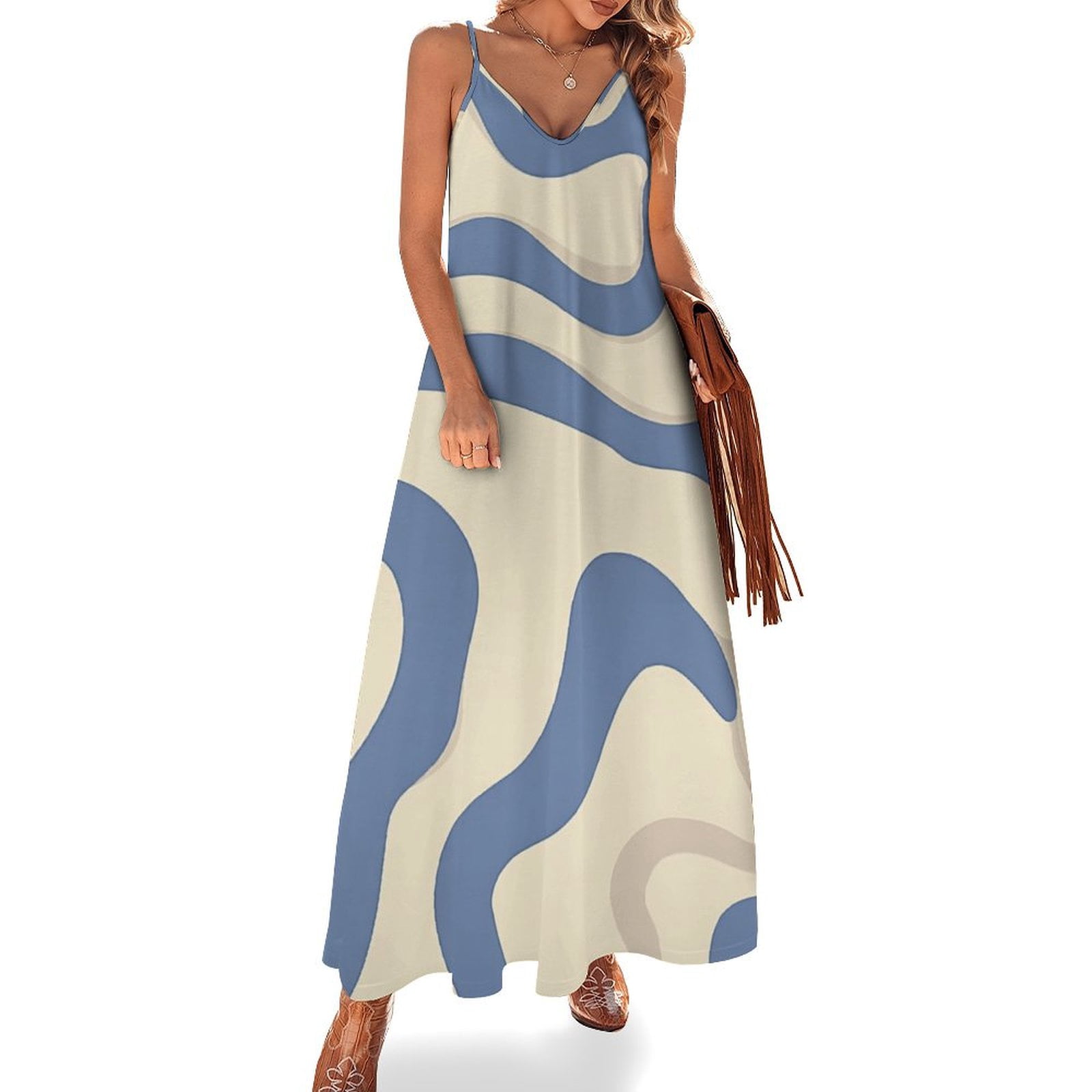 Abstract Wavy Beige Blue Pattern Sleeveless Dress Dresses Women Summer ...
