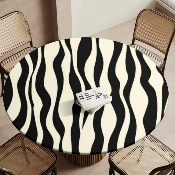 Abstract Wavy Black White Stripes Round Table Cover Kitchen Printed ...