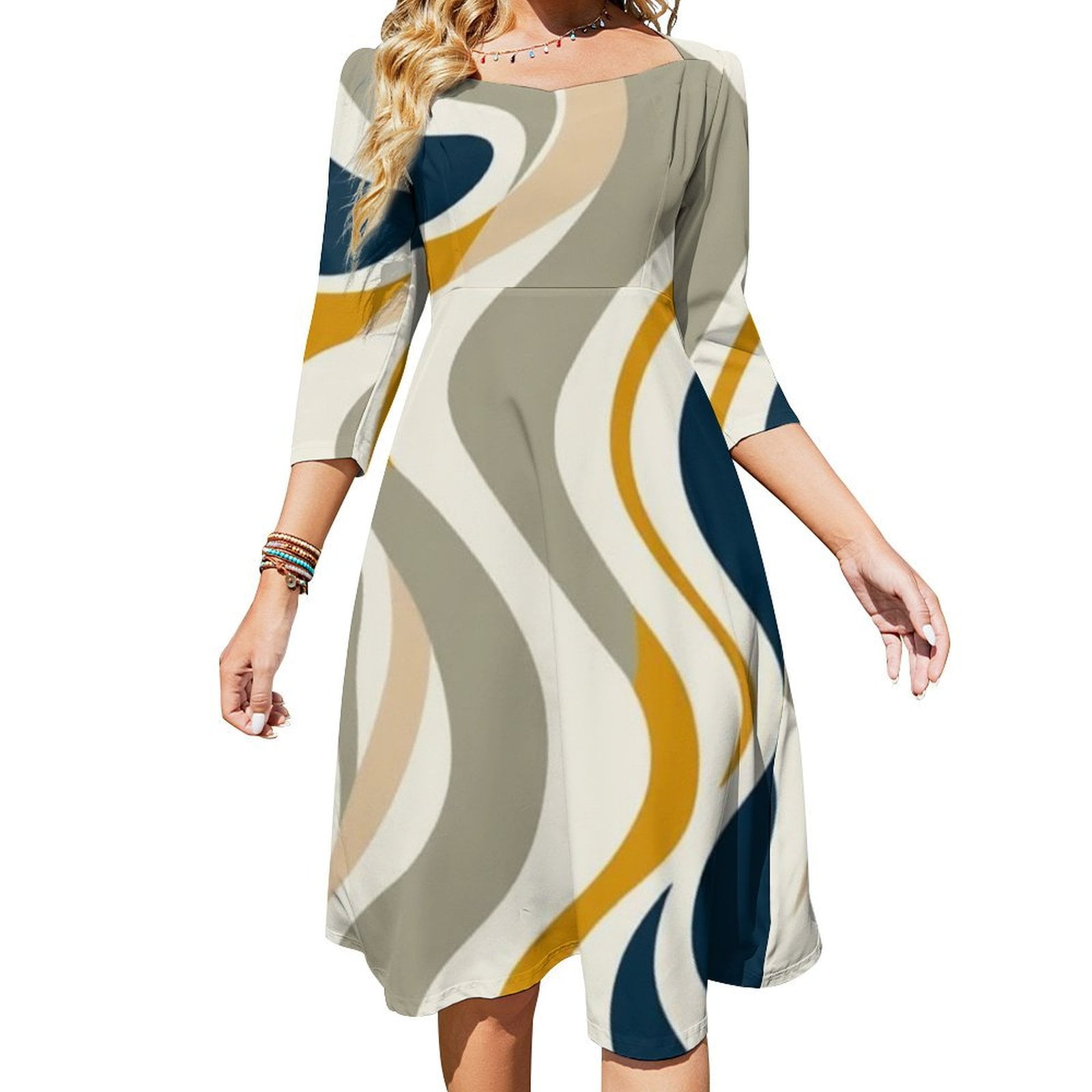 Abstract Wavy Color Block Art Women's 3/4 Sleeve Dresses Elegant A-Line ...