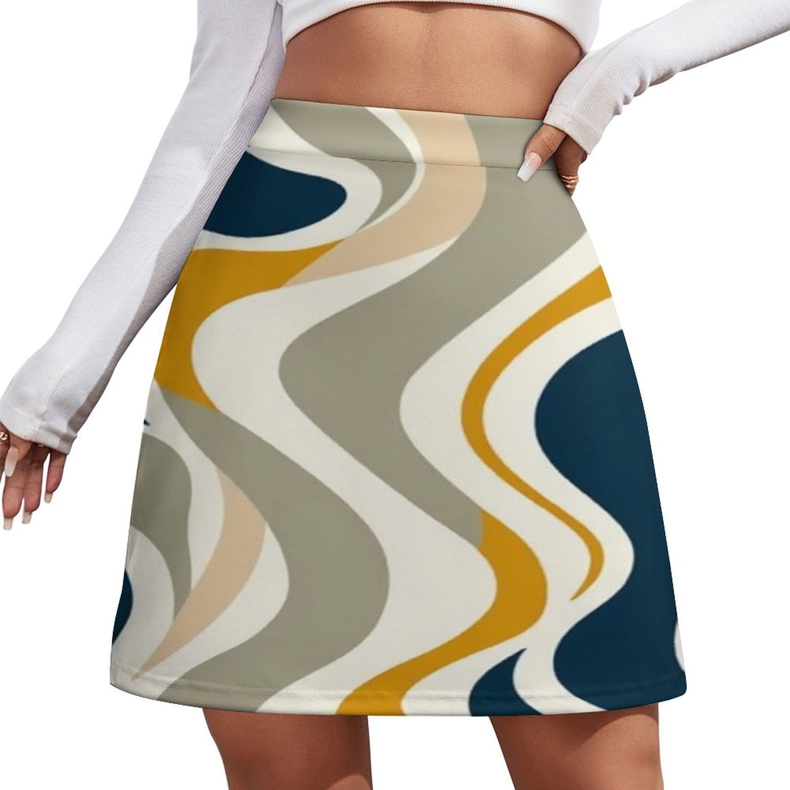 Abstract Wavy Color Block Art Women's High Waist Skirt Stretchy Casual ...