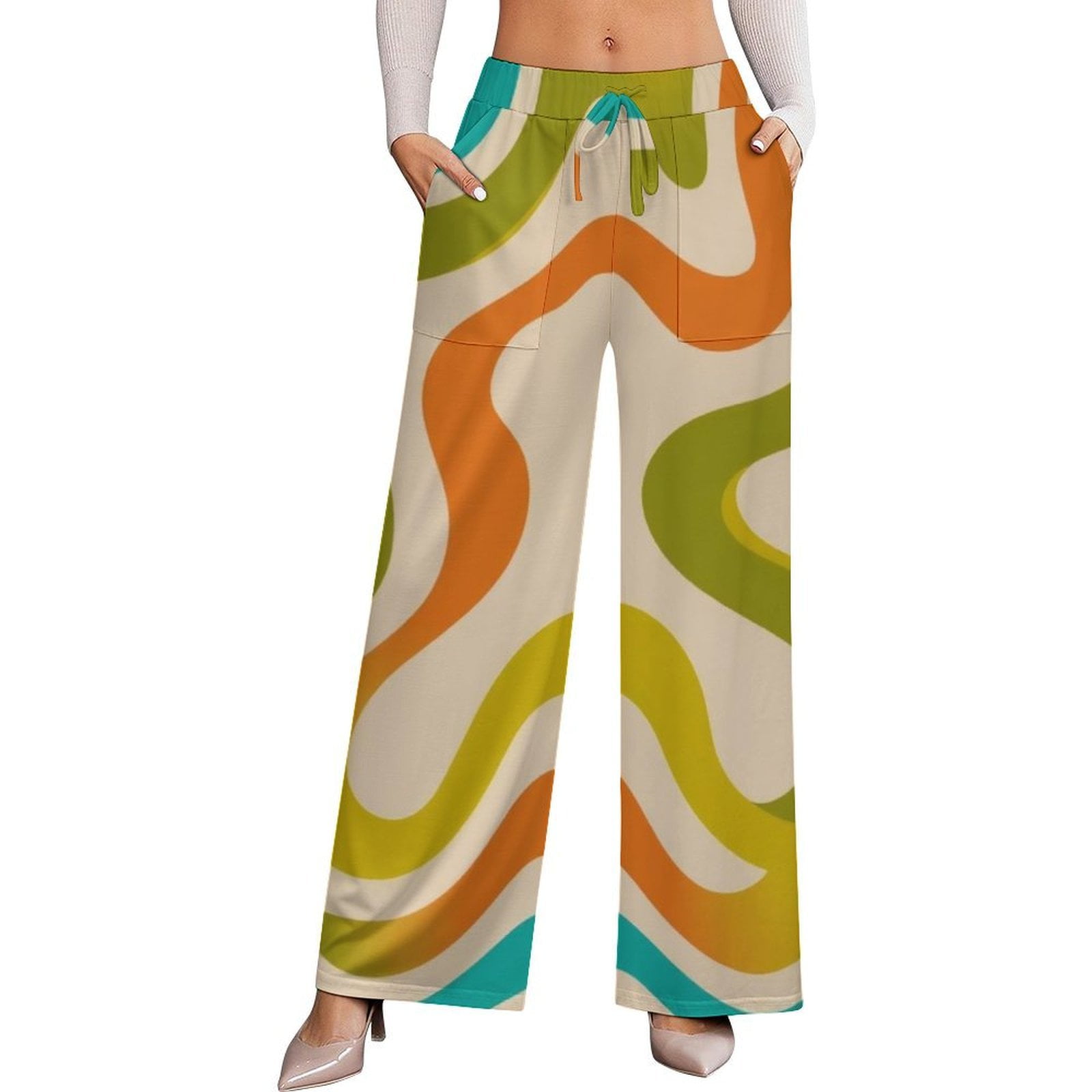 Abstract Wavy Colorful Design Women's Casual Wide Leg Pants Comfort ...