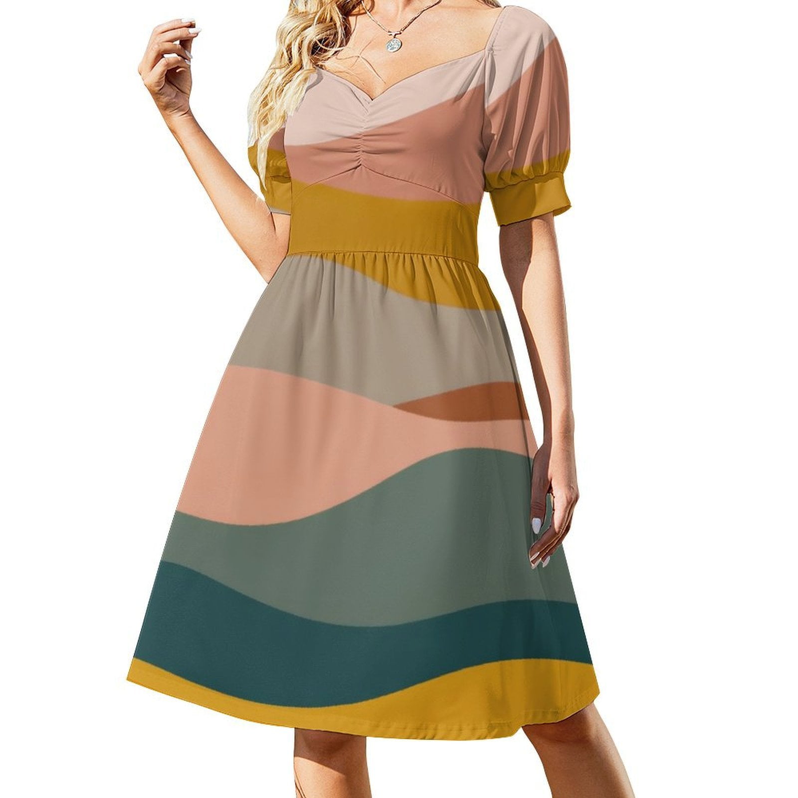 Abstract Wavy Colorful Landscape Art Short Sleeve Dress Clothes Women's ...