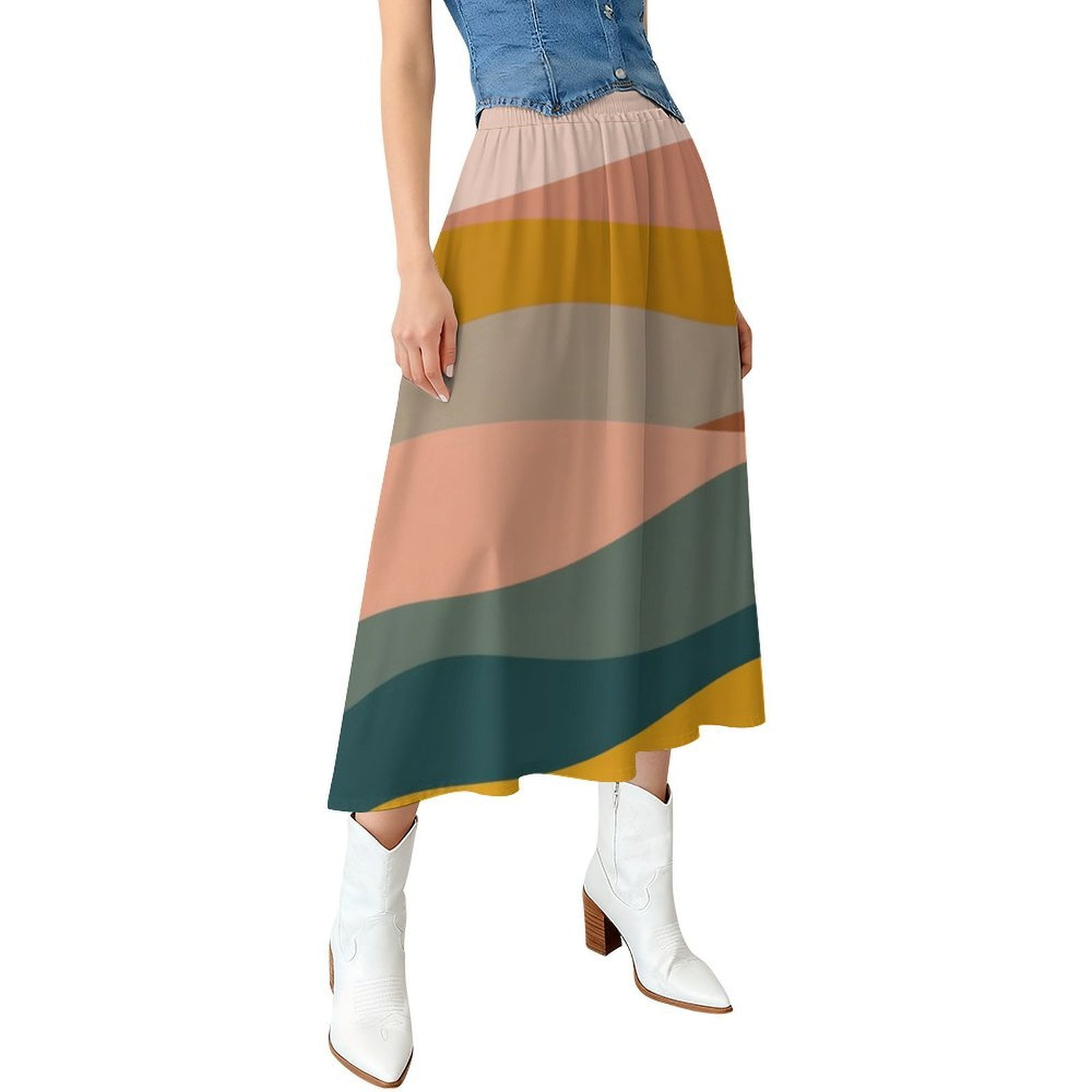 Abstract Wavy Colorful Landscape Art Women High Waist Midi Skirt ...