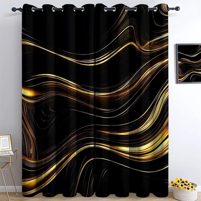 Abstract Wavy Golden Lines Blackout Curtains With Grommet, Polyester ...