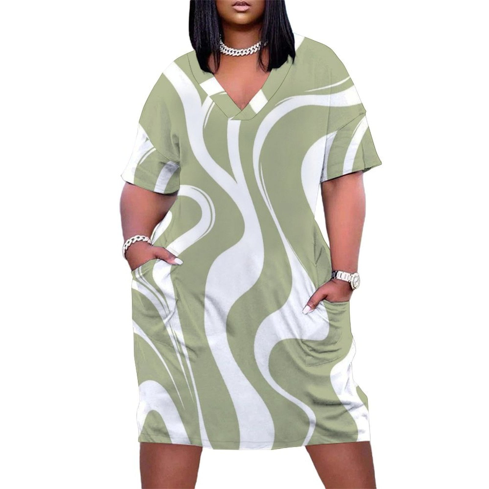Abstract Wavy Green White Pattern Loose Pocket Dress Dresses Summer ...