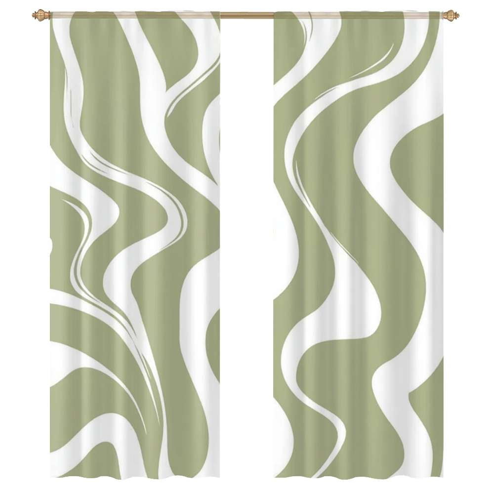 Abstract Wavy Green White Pattern Tulle Curtains For Living Room ...