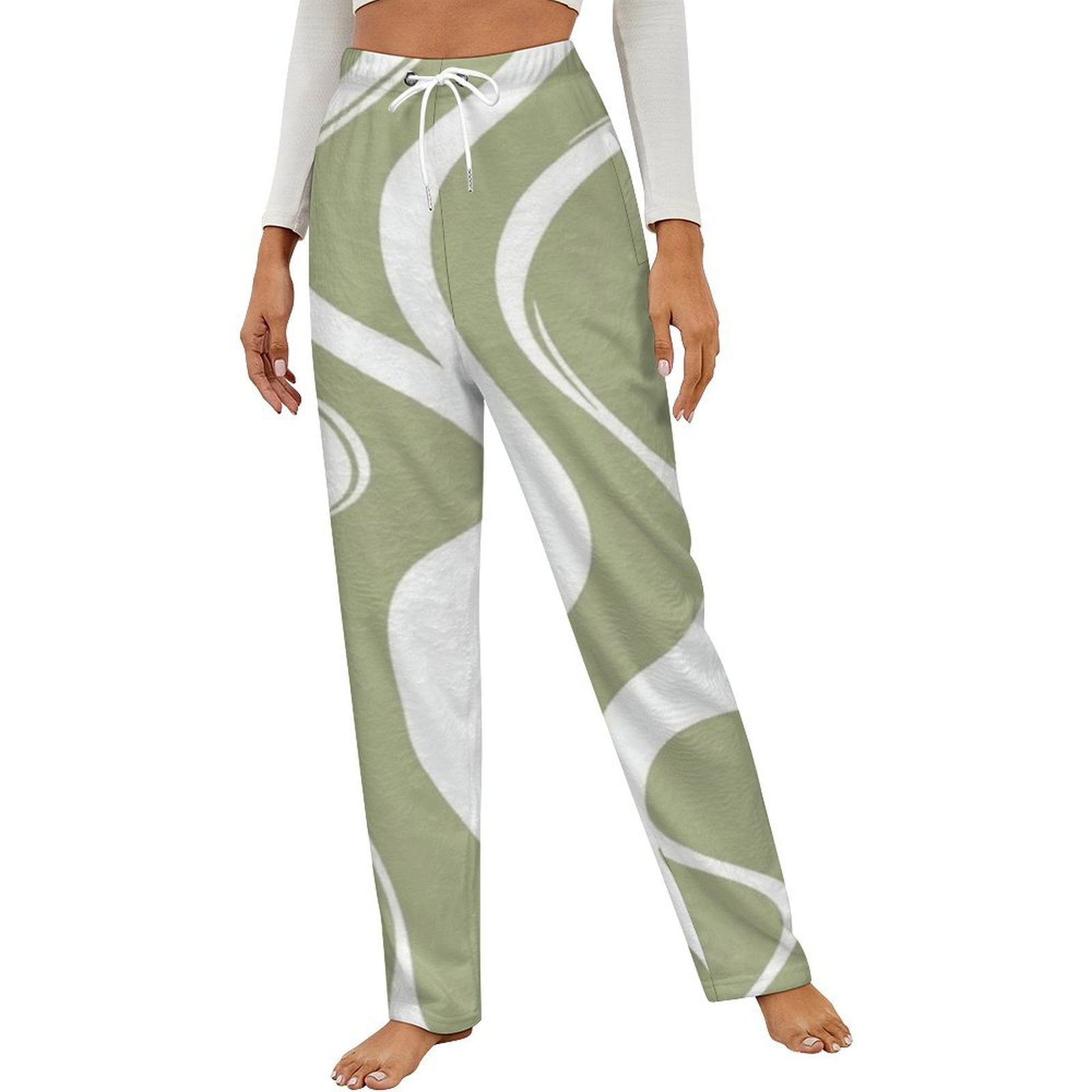 Abstract Wavy Green White Pattern Winter Female Pants Flannel High ...