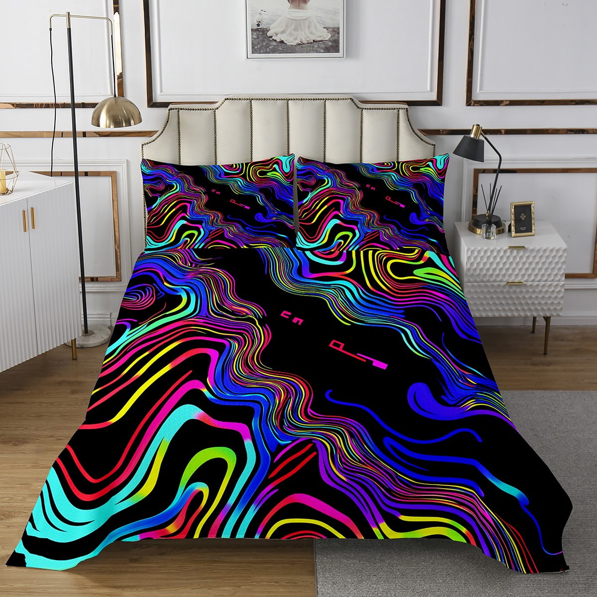 Abstract Wavy Line Bedspread Set Rainbow Gradient Spiral Coverlet Set ...