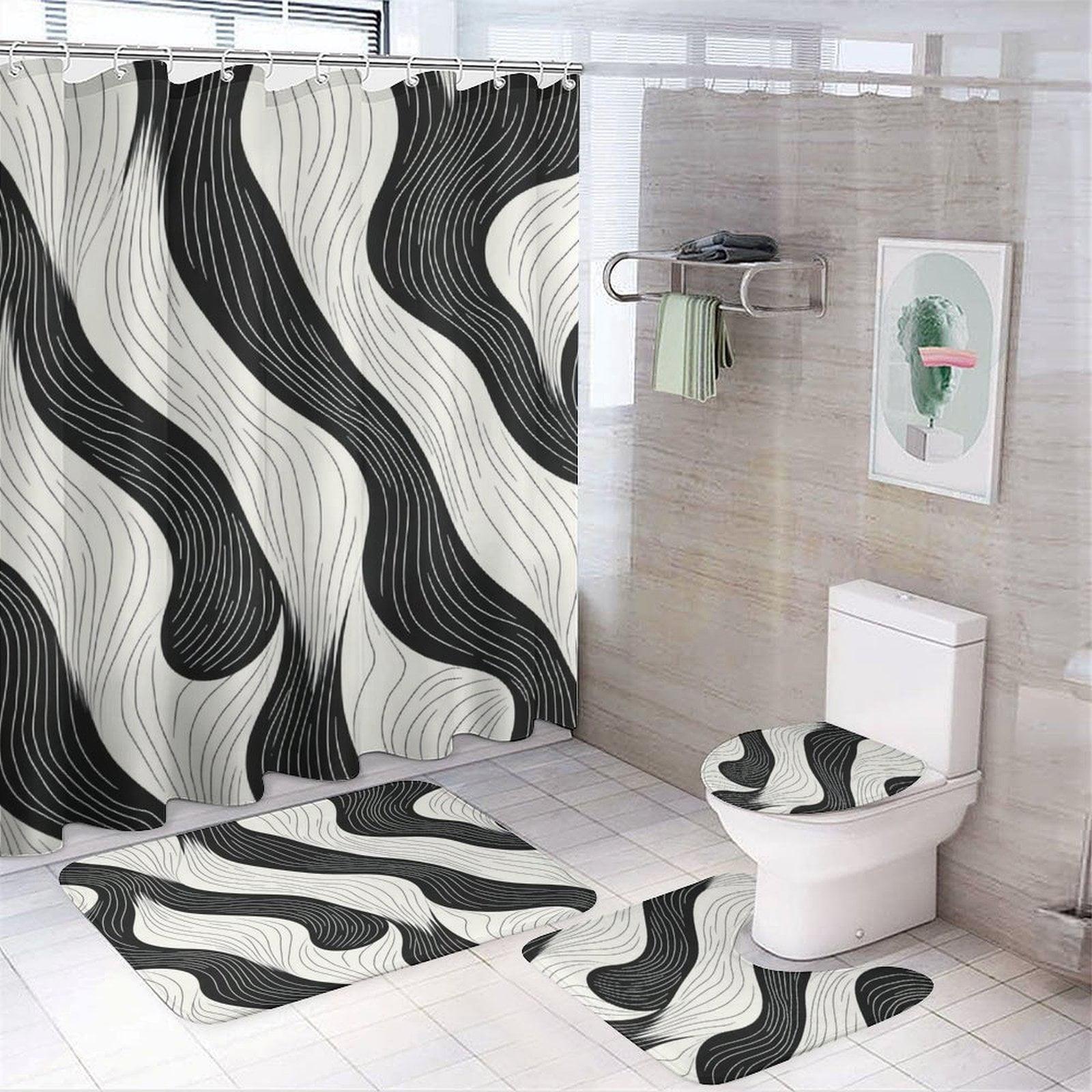 Abstract Wavy Lines 4 Pcs Bathroom Shower Curtain Set, Bathroom Sets ...