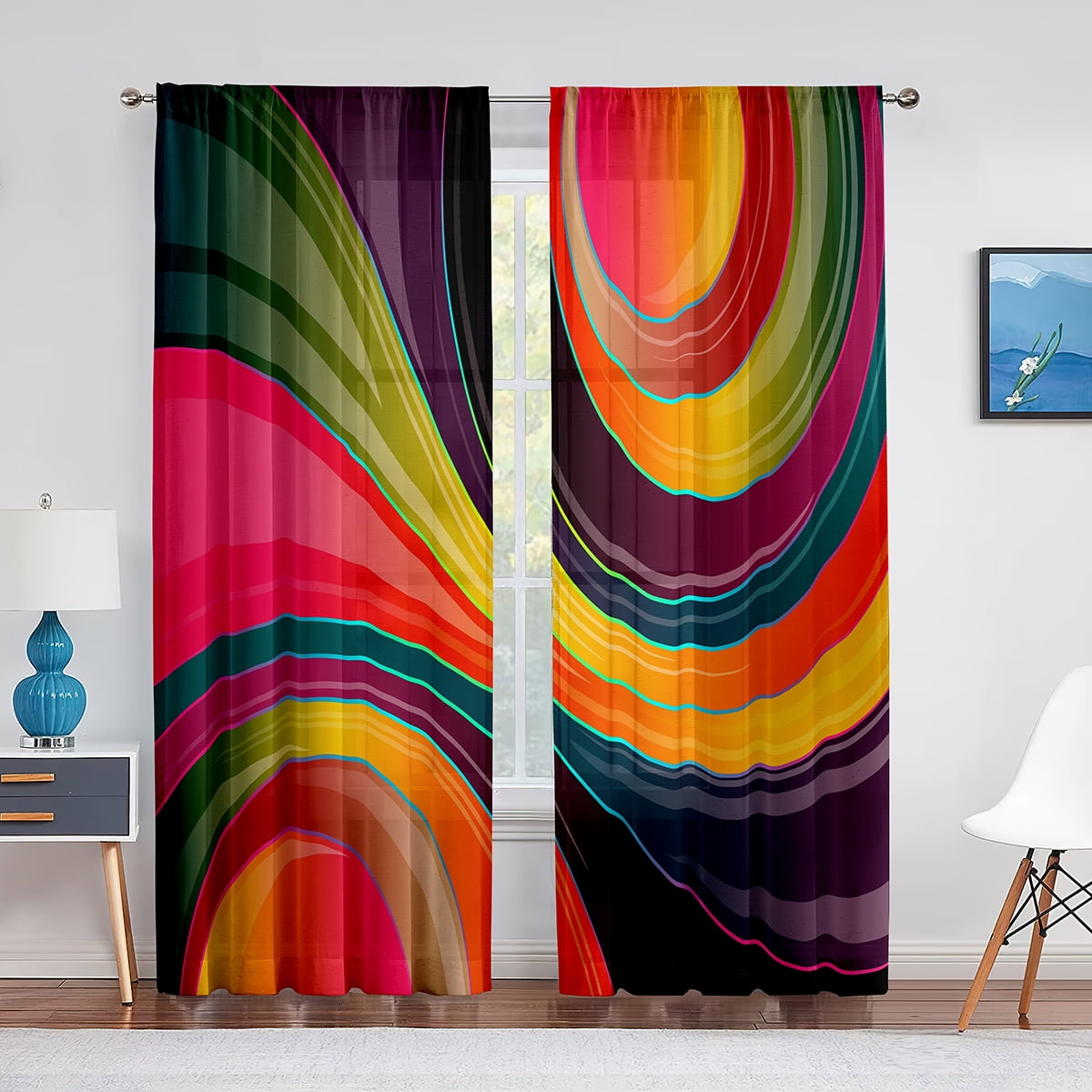 Abstract Wavy Lines Gradient Sheer Voile Curtains for Bedroom Living ...