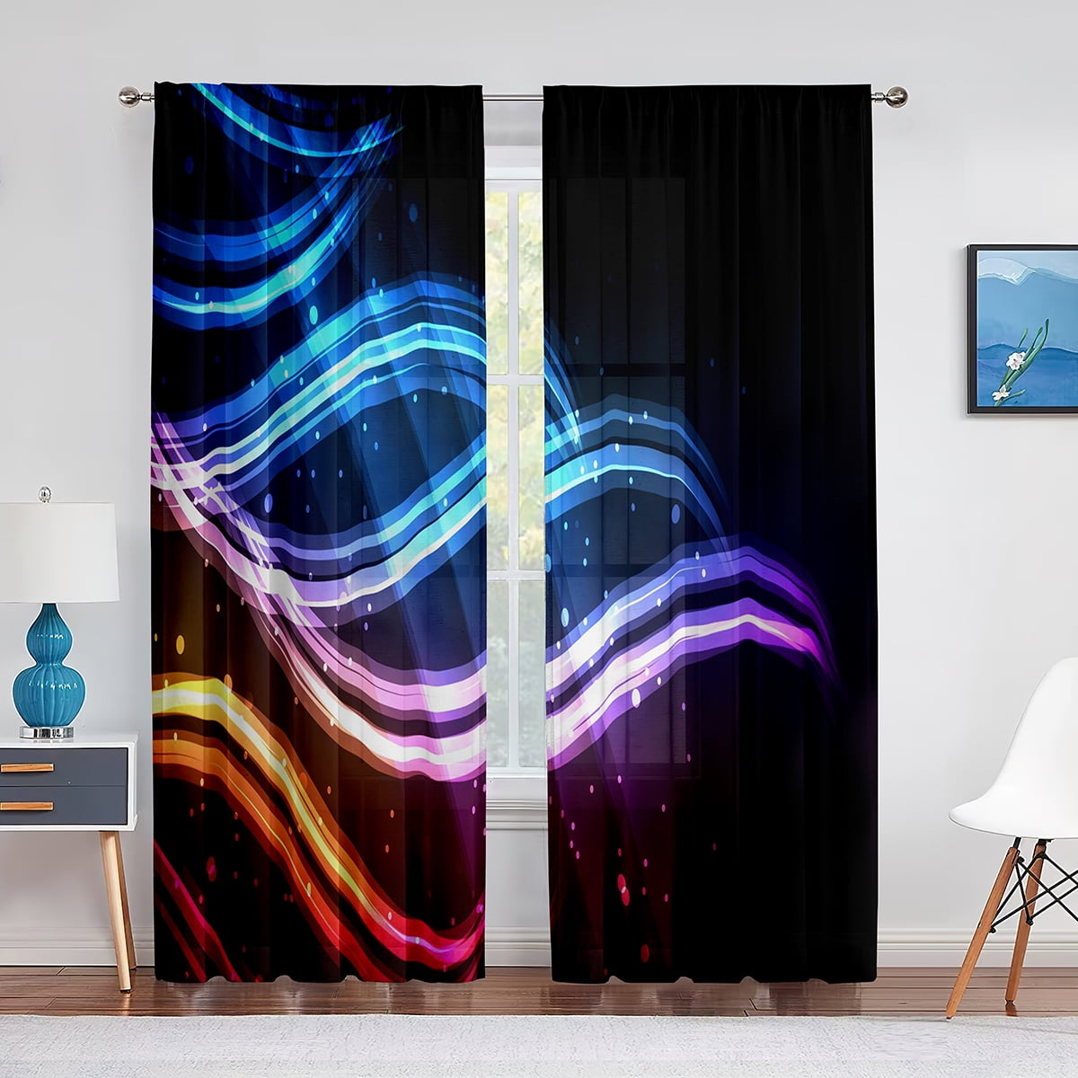 Abstract Wavy Lines Gradient Sheer Voile Curtains for Bedroom Living ...