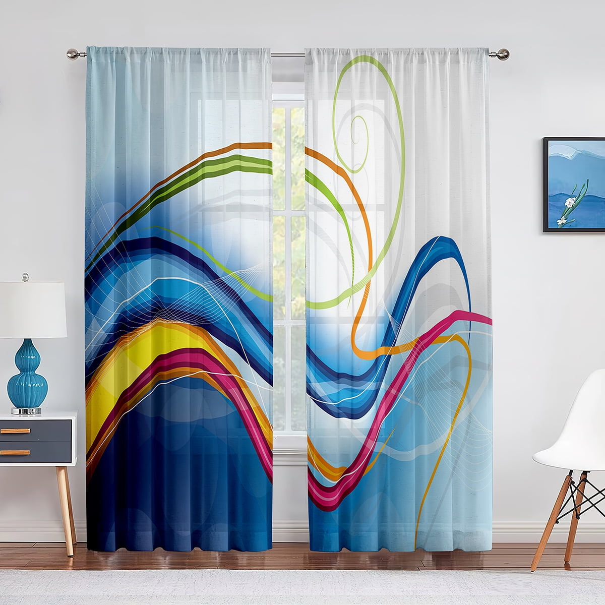 Abstract Wavy Lines Gradient Sheer Voile Curtains for Bedroom Living ...