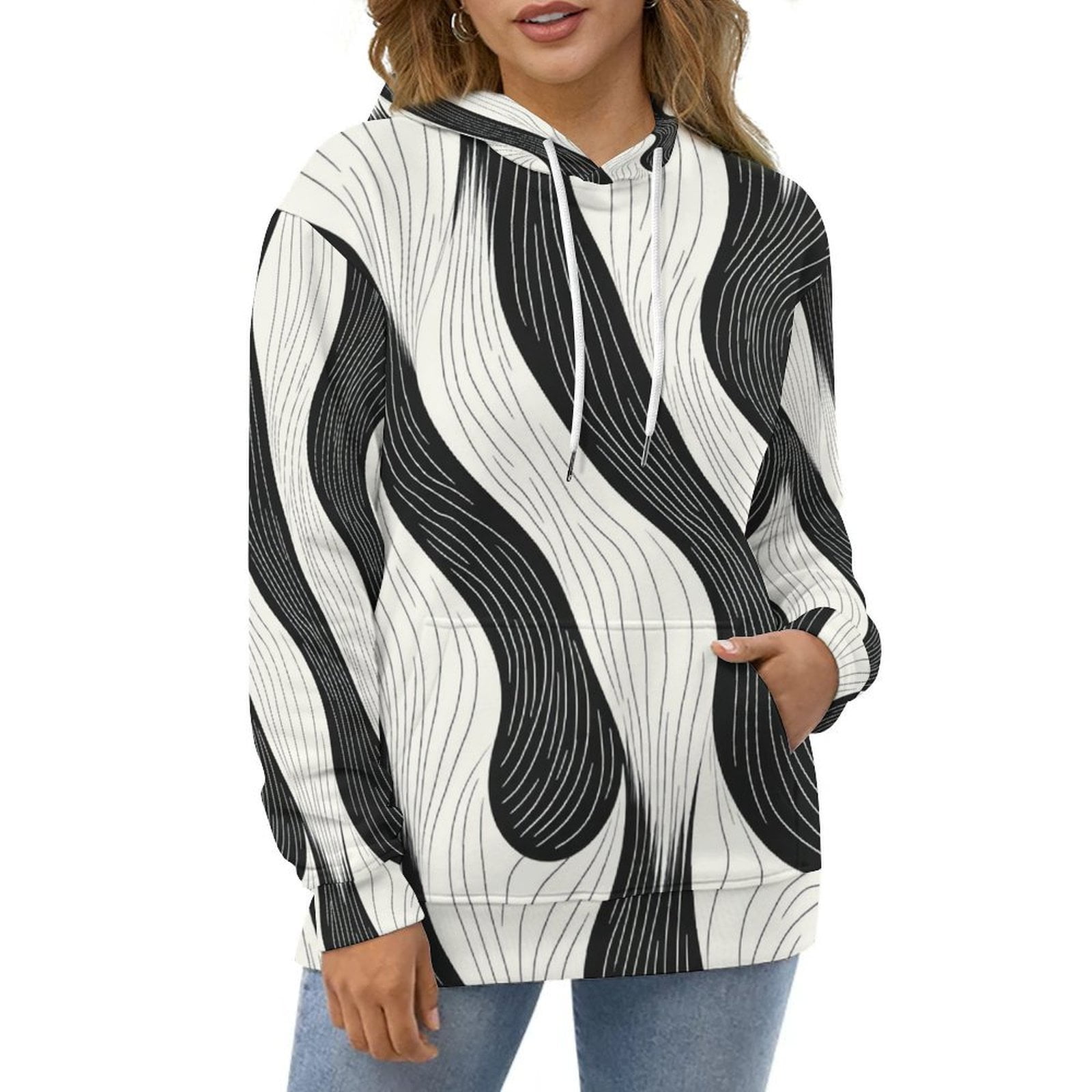 Abstract Wavy Lines Hoodies Long-Sleeve Spring Fashion Oversize Loose Hooded Sweatshirts ...