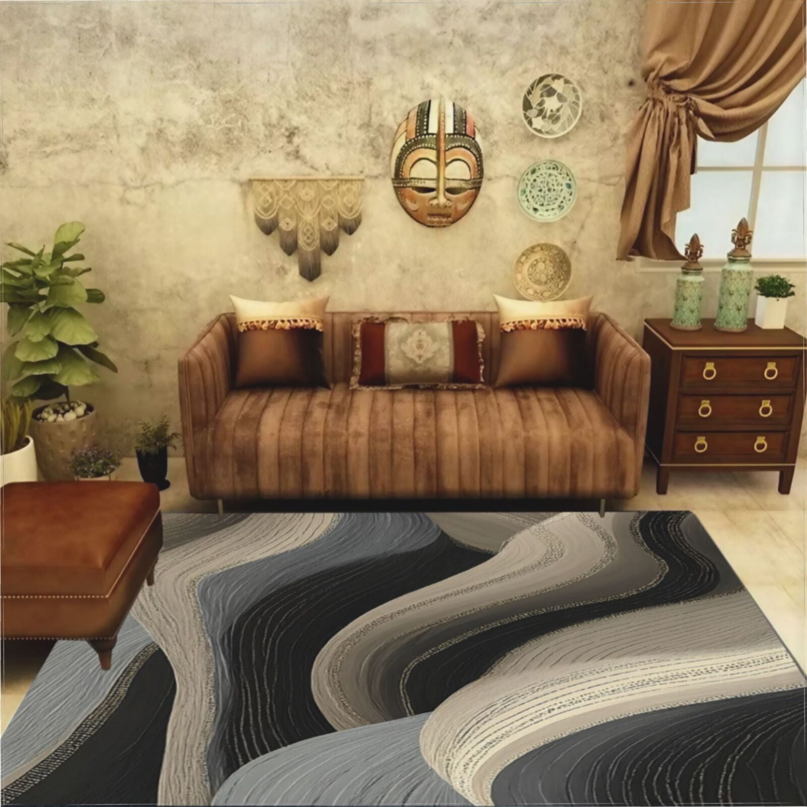 Abstract Wavy Neutral Tones Living Room ration Nordic Carpets Large ...