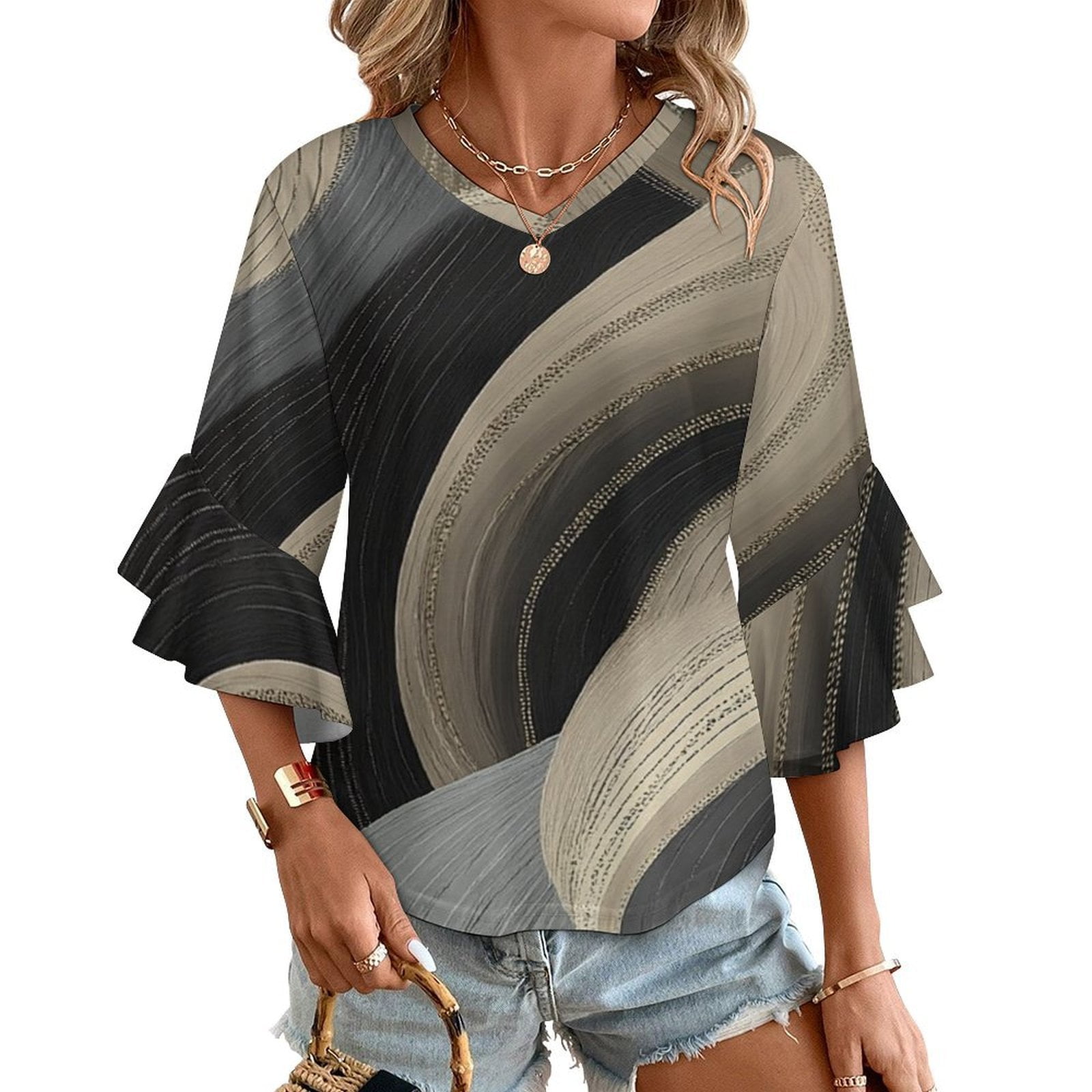 Abstract Wavy Neutral Tones Women's V-Neck Blouse With 3/4 Ruffled Bell ...