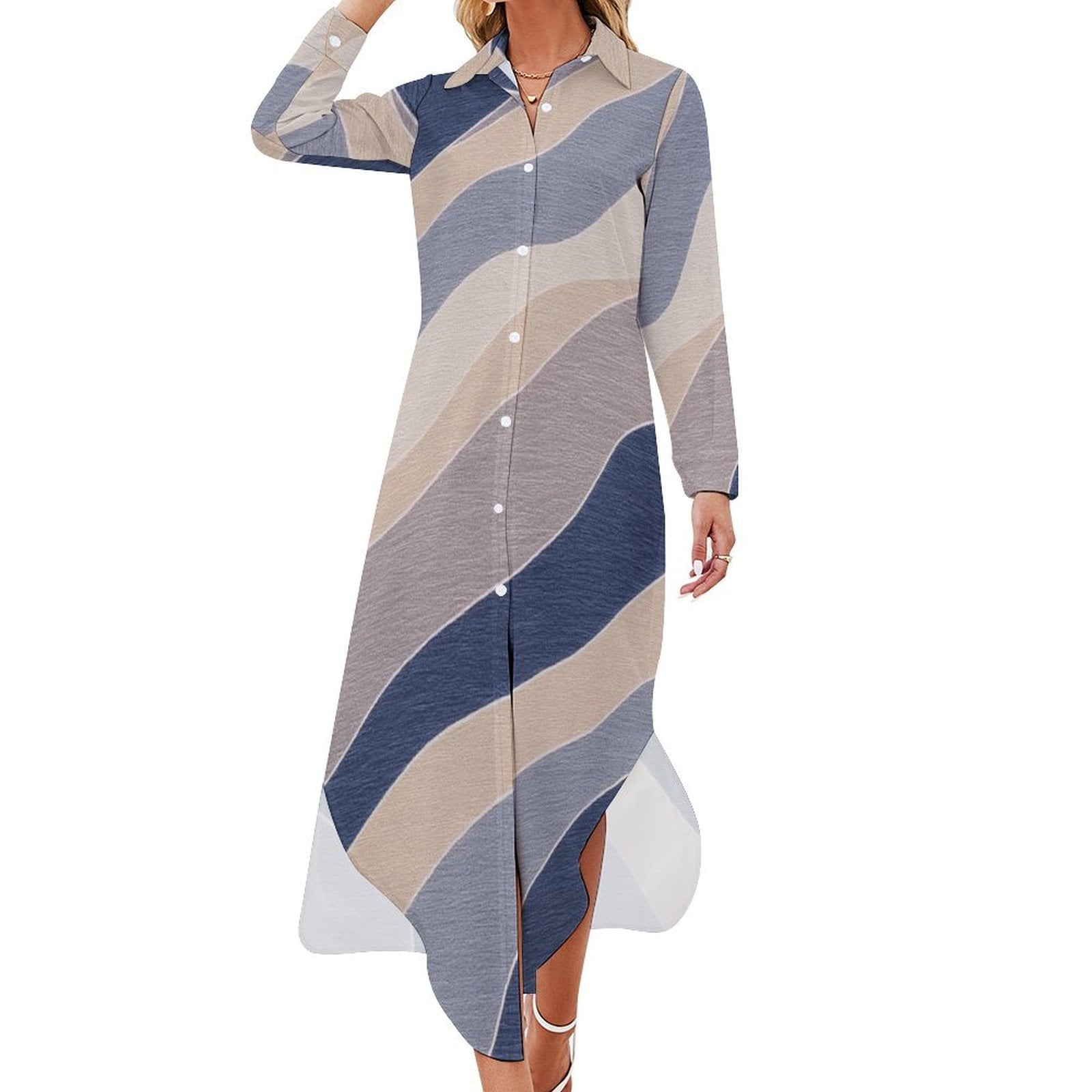 Abstract Wavy Pastel Design Shirt Dress Long Sleeve Street Fashion V ...