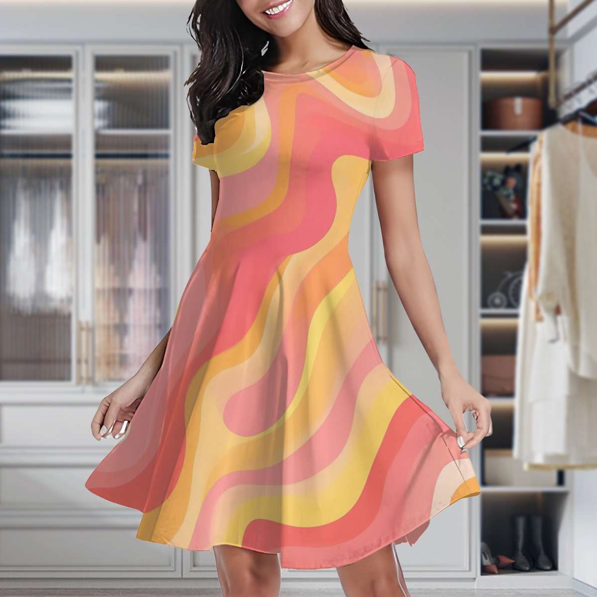 Abstract Wavy Pastel Design Women's Classic Swing Skater Dress Casual ...
