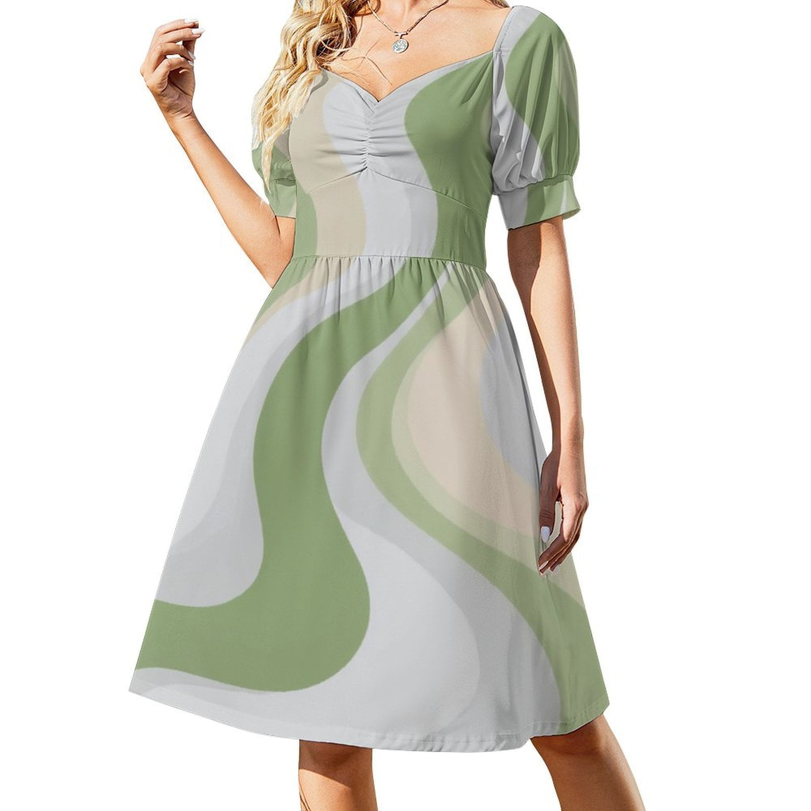 Abstract Wavy Pastel Green Design Short Sleeve Dress Clothes Women's ...