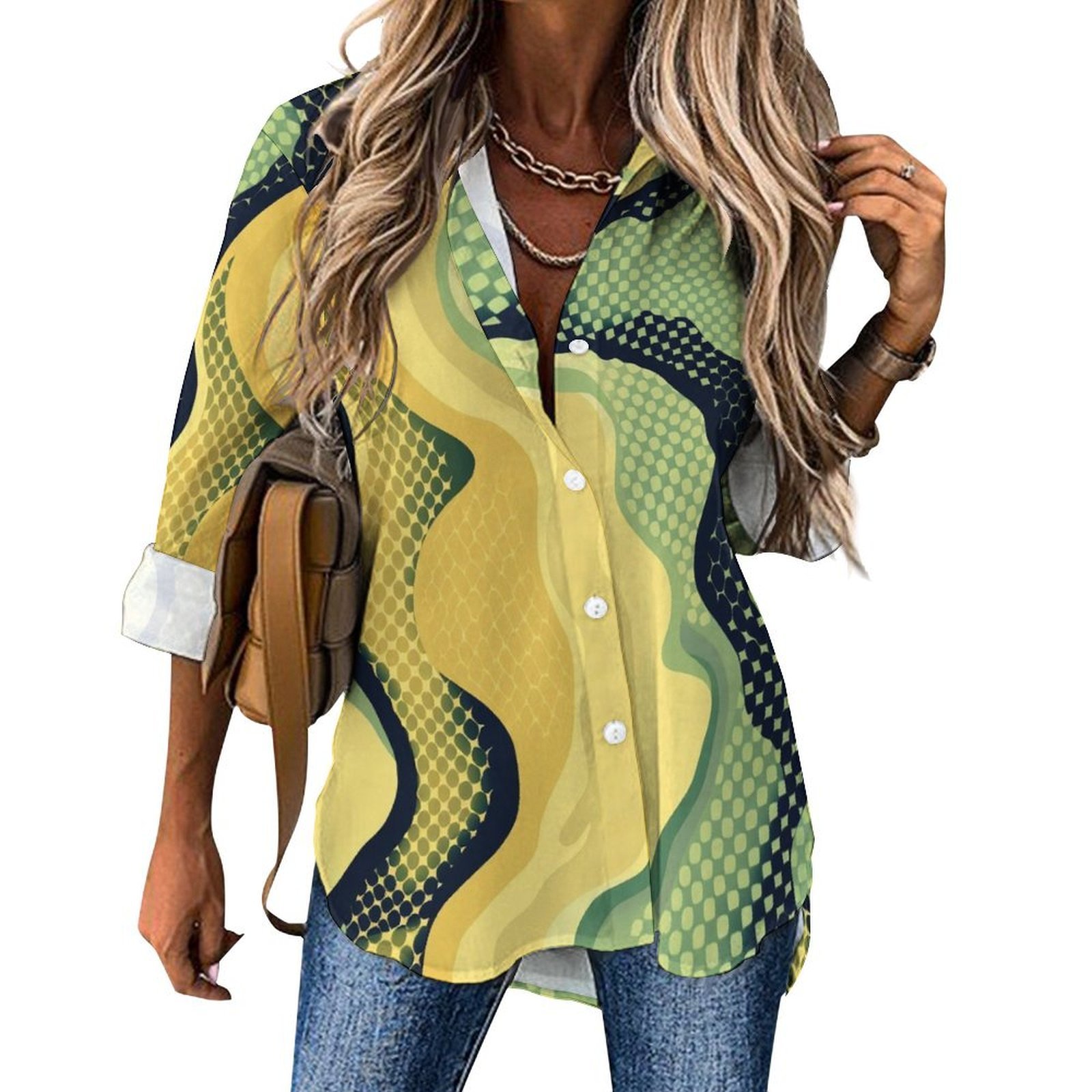 Abstract Wavy Pattern Blouse Female Casual Loose Blouses Long-Sleeve ...