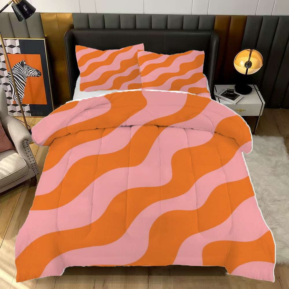 Abstract Wavy Pink Orange Lines Comforter Set Queen Size Bedding Set ...
