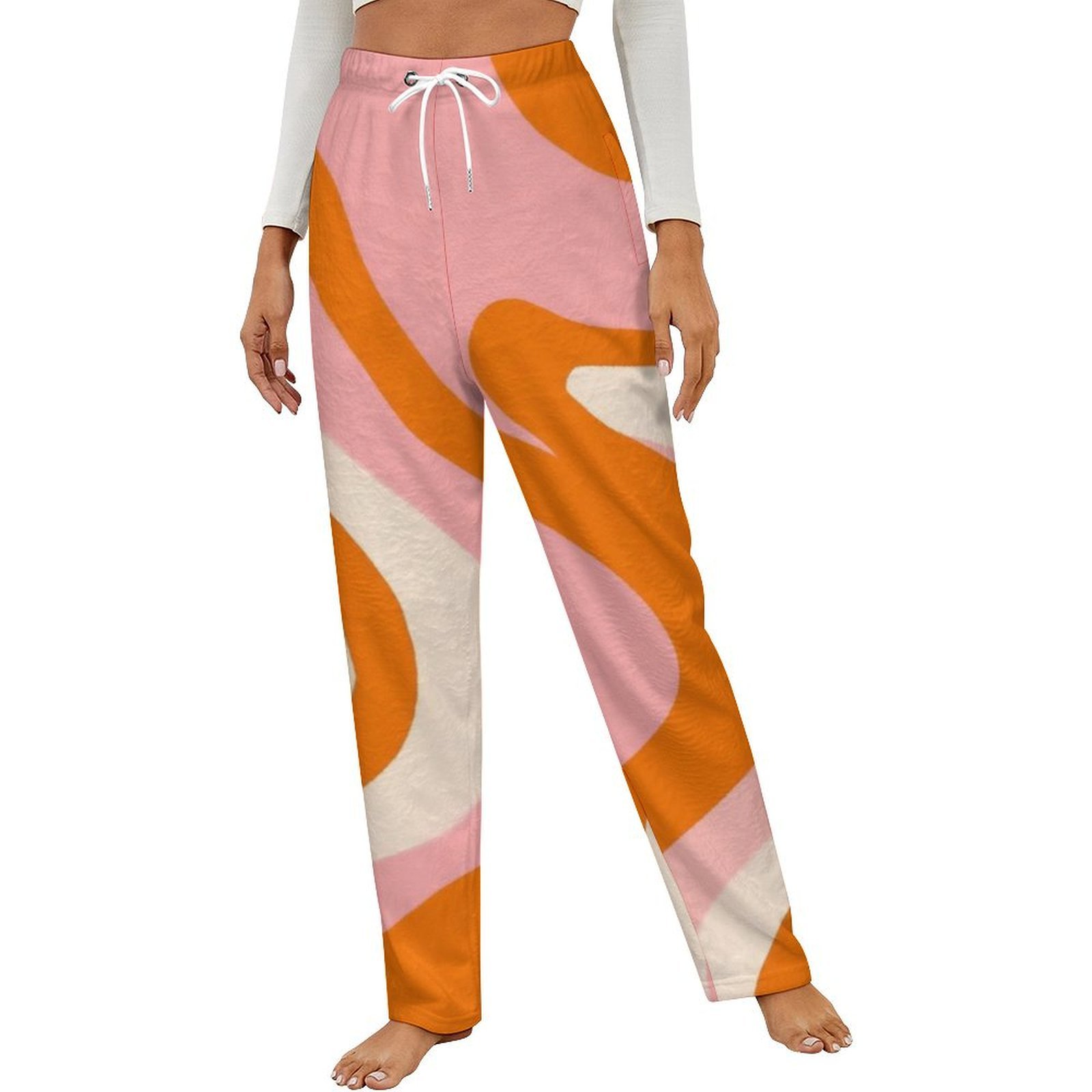 Abstract Wavy Pink Orange Lines Winter Female Pants Flannel High Waist ...