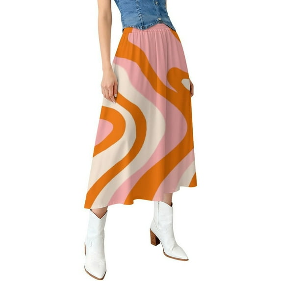 Abstract Wavy Pink Orange Lines Women High Waist Midi Skirt Elegant ...