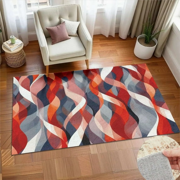 Abstract Wavy Red Design Soft Large Area Rugs Washable Rug With Non ...