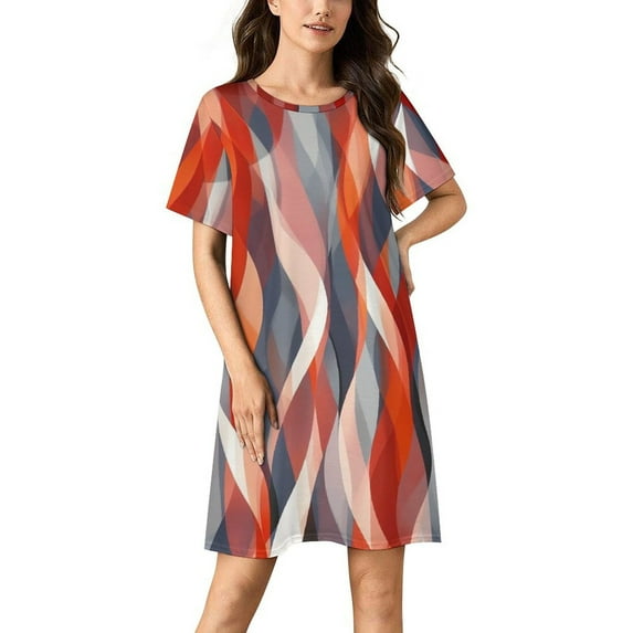 Abstract Wavy Red Design Women Nightgown Sleepwear Short Sleeves For ...