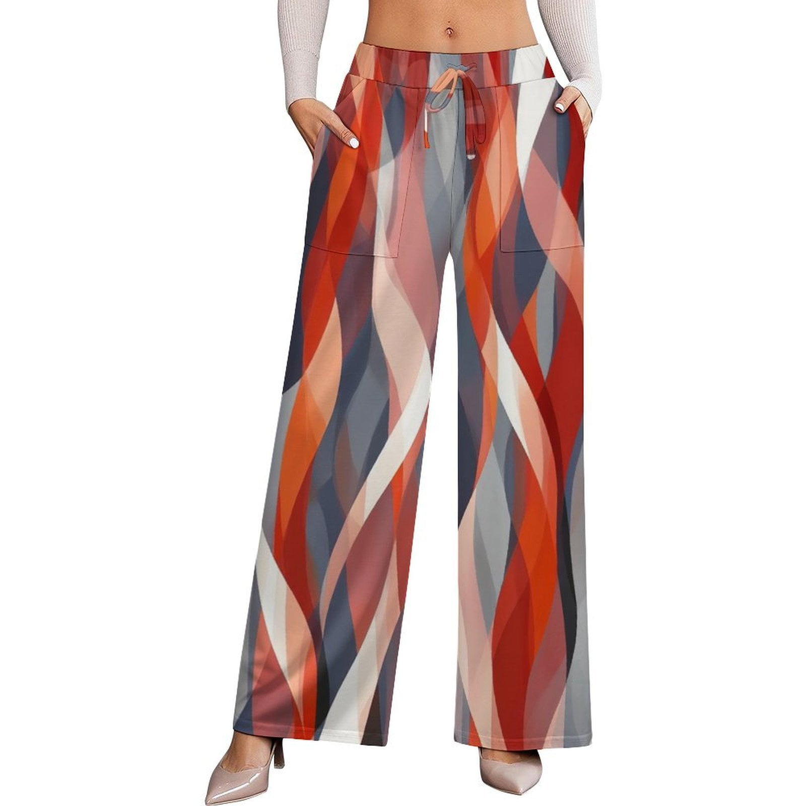 Abstract Wavy Red Design Women's Casual Wide Leg Pants Comfort Pockets ...