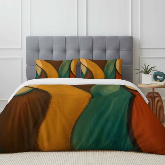Abstract Wavy Shapes Duvet Cover Set Full Size, Art Orange Green Brown ...