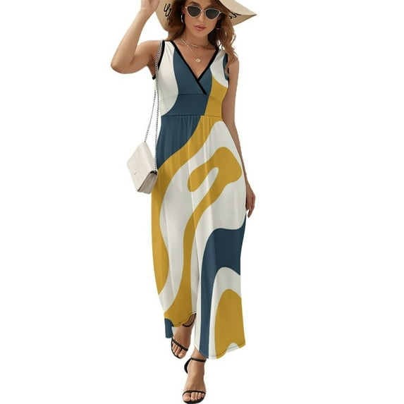 Abstract Wavy Yellow Blue Art Dress Fashion Boho Beach Long Dresses ...